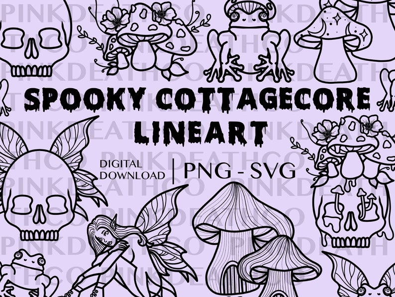 Pastel Goth Cottagecore Lineart Bundle Hand-drawn 23 PNG & SVG Files: Fairies, Skulls, Witchy ...
