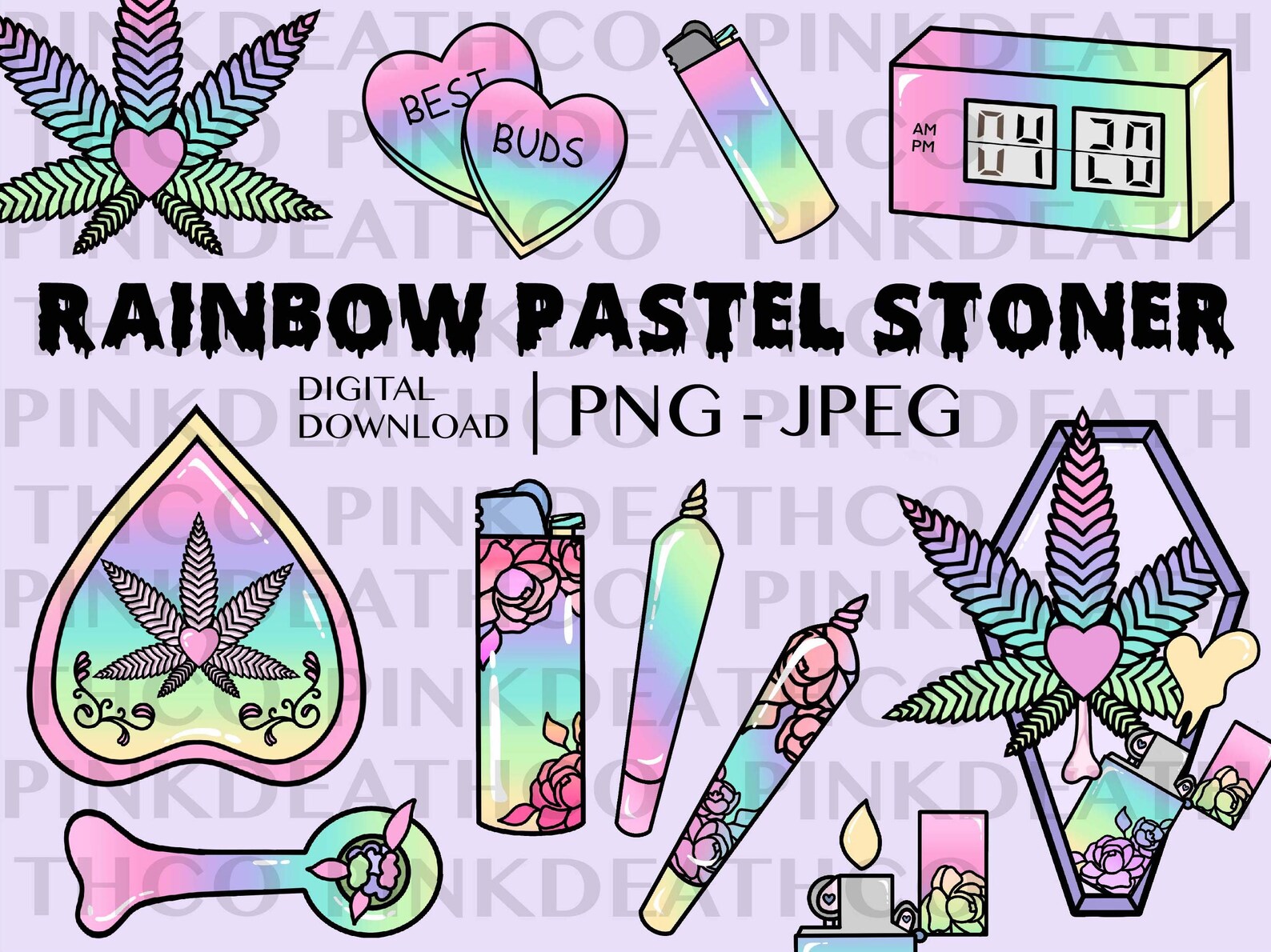 Rainbow Pastel Stoner Digital Clipart Bundle 58 PNG and JPG Files: 420 ...