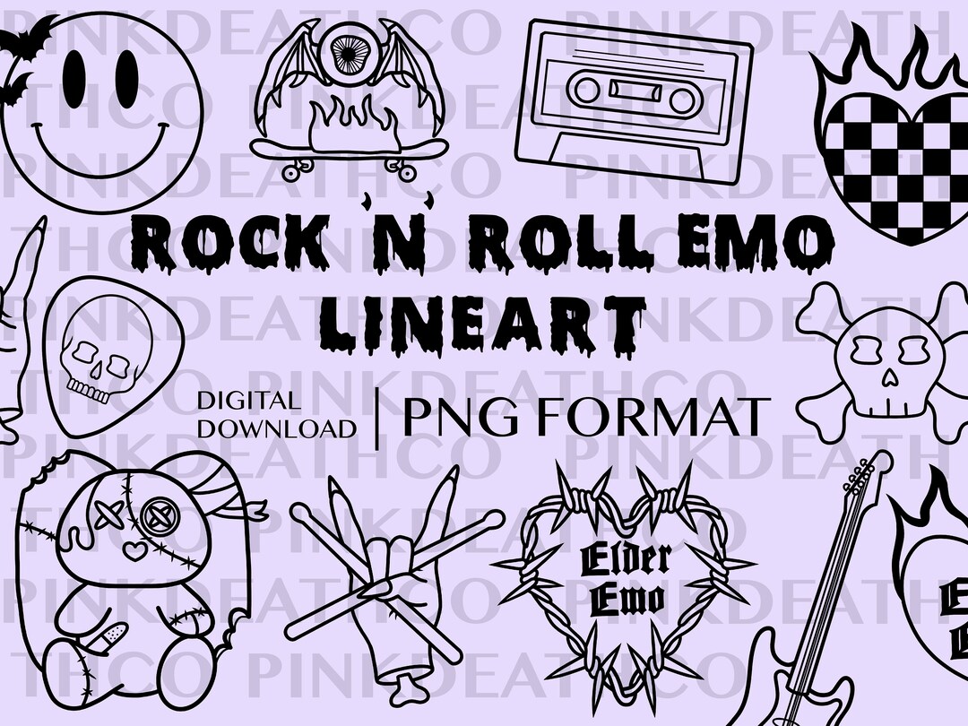 Rock 'n' Roll Emo Digital Lineart Bundle 23 PNG Files: Punk Band, Goth ...