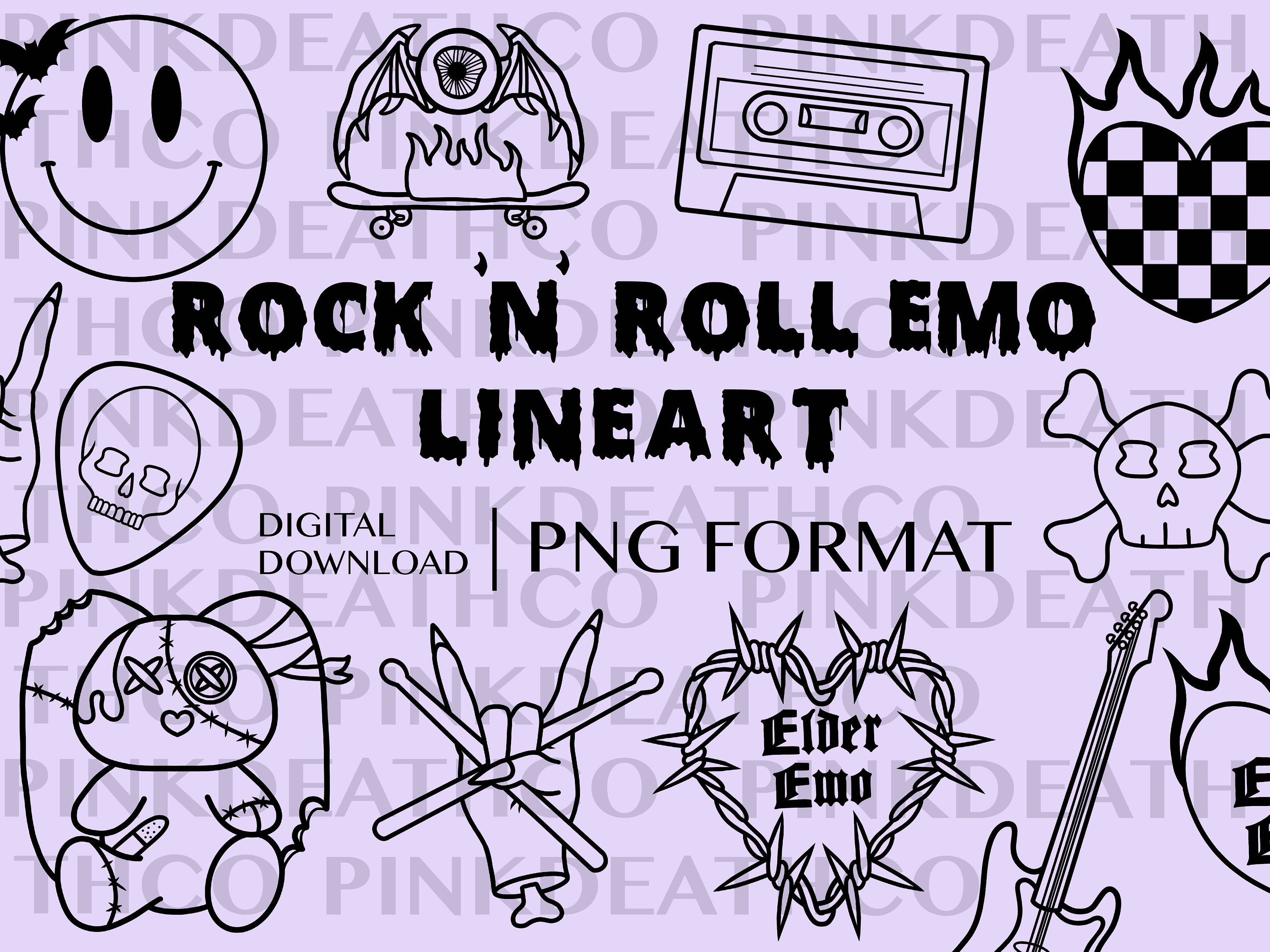 Rock 'n' Roll Emo Digital Lineart Bundle 23 PNG Files: Punk Band, Goth ...