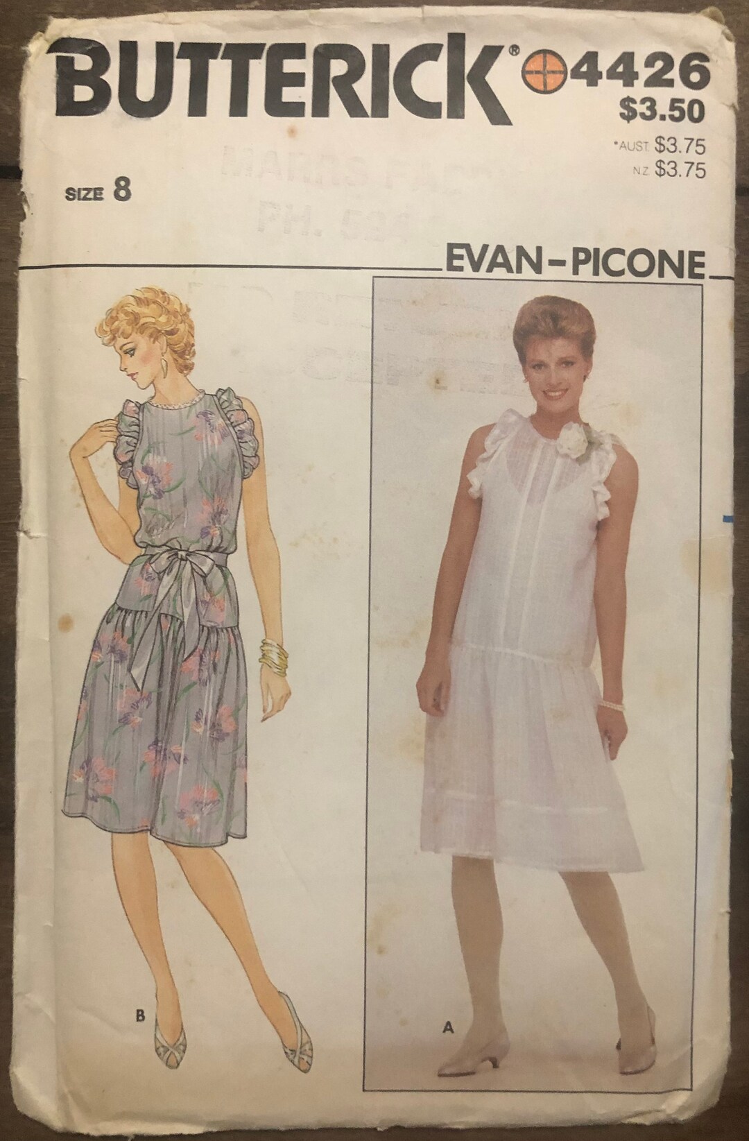 80s Drop Waist Ruffle Sleeve Dress Butterick 4426 Size 8 Sewing Pattern ...