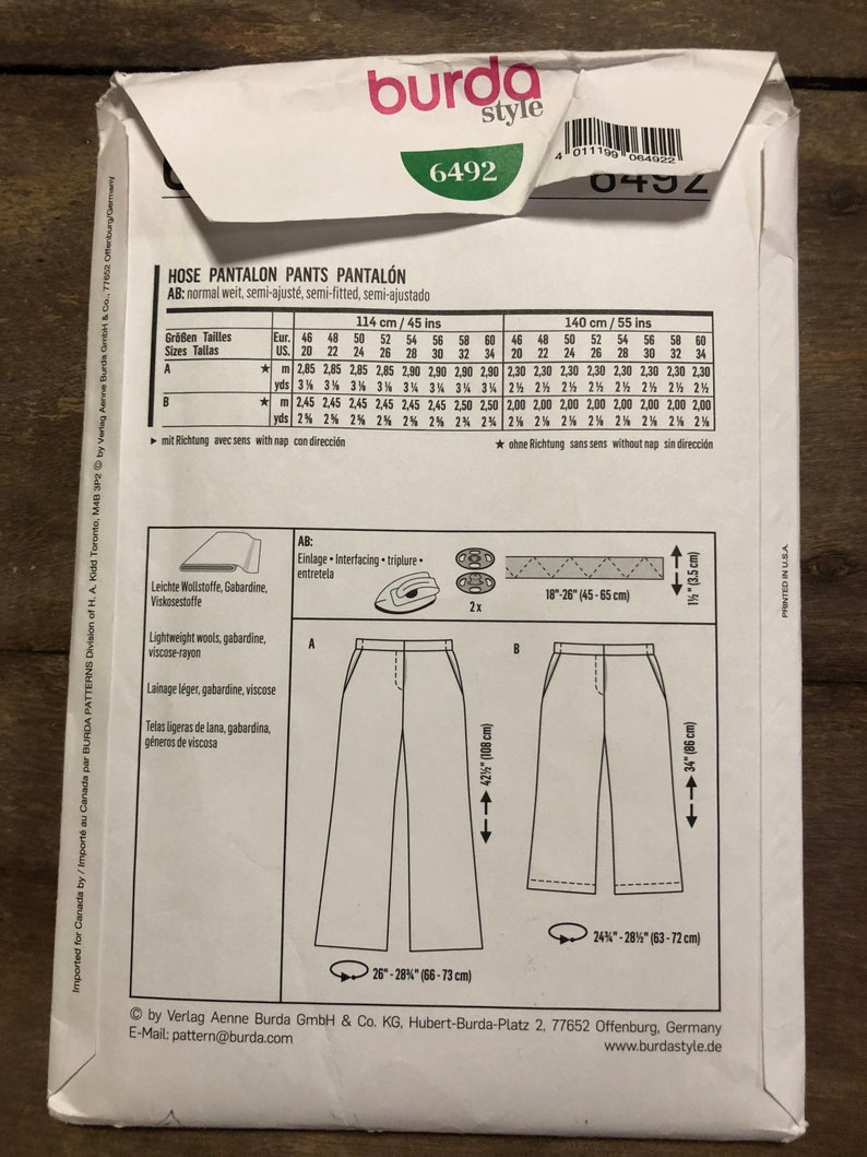 Trousers Pants Burda 6492 Size 20 22 24 26 28 30 32 34 Sewing Pattern ...