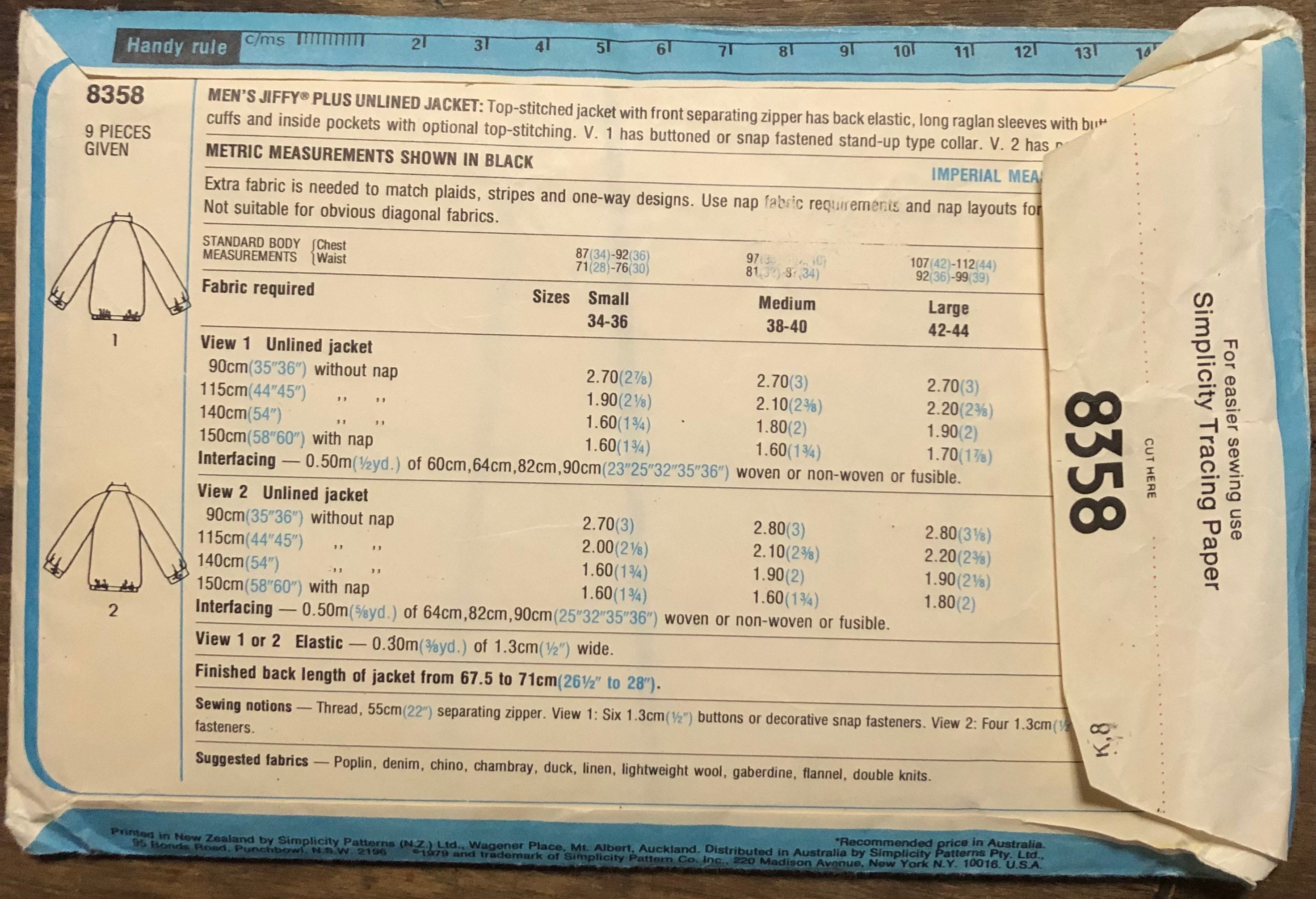 70s Mens Raglan Jacket Sewing Pattern Simplicity 8358 Size 34 36 - Etsy
