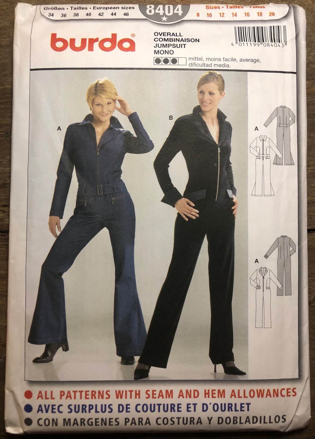 Y2K 2000s Zip Front Jumpsuit Sewing Pattern Burda 8404 Size 8 10 12 14 ...