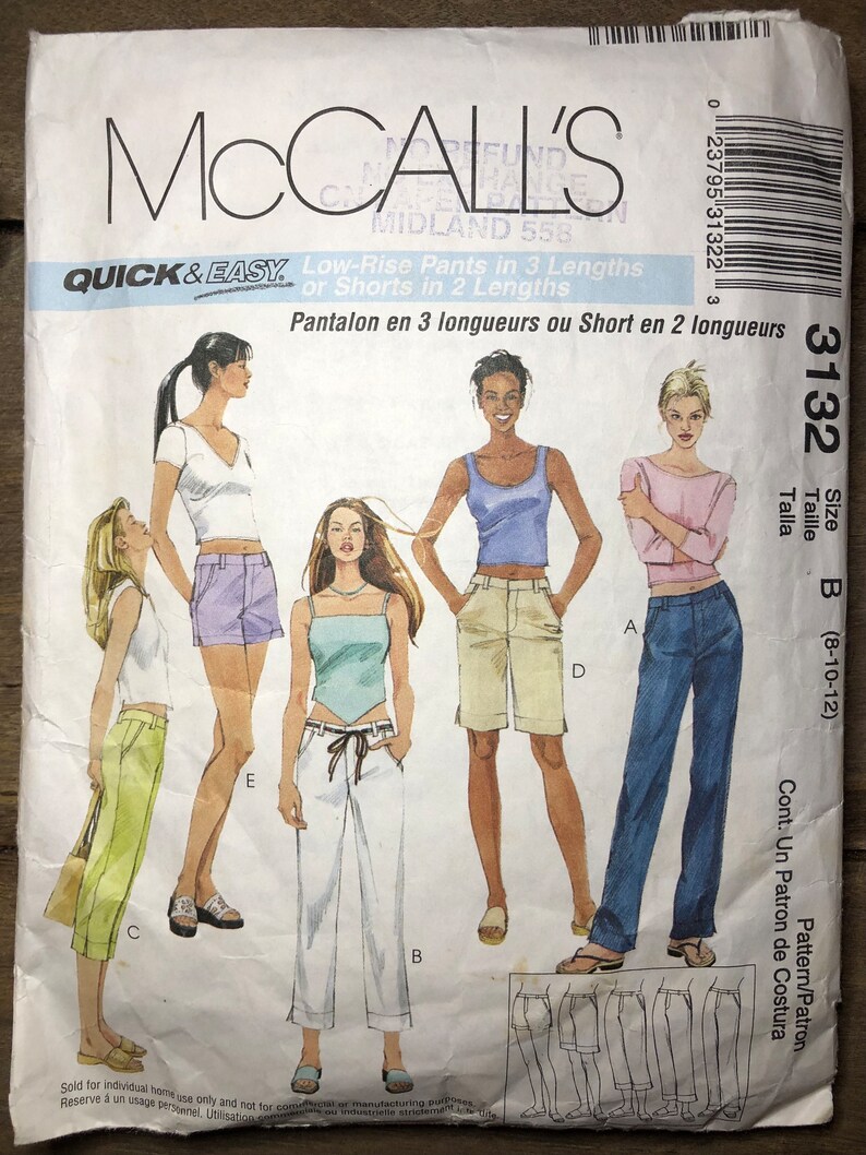 Y2K 2000s Low Rise Pants Shorts Sewing Pattern Mccalls 3132 Size 8 10 ...