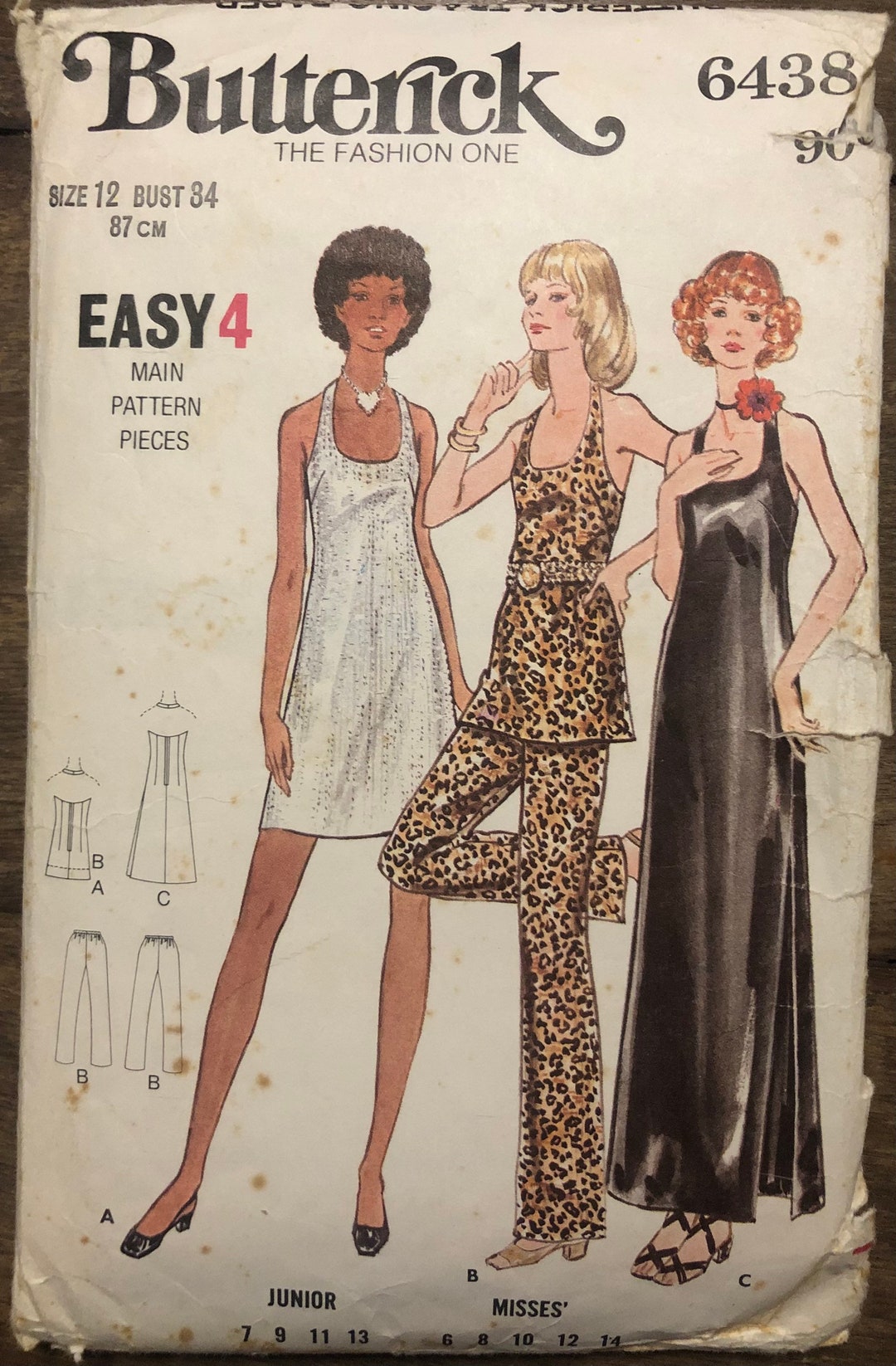 70s Halter Evening Dress Tunic Pants Sewing Pattern Butterick 6438 Size ...