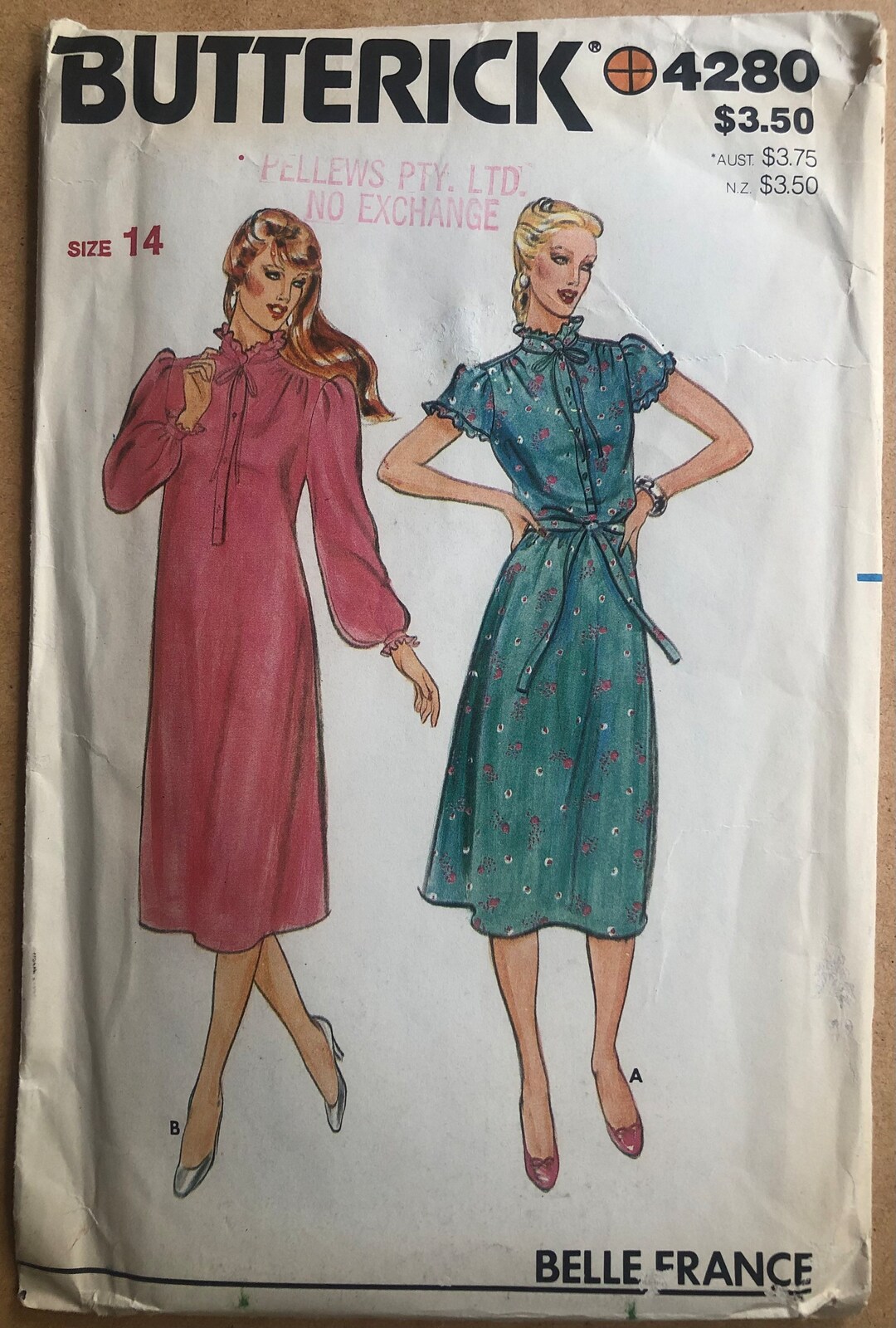 80s Ruffle Cuff Collar Dress Sewing Pattern Butterick 4280 Size 14 - Etsy