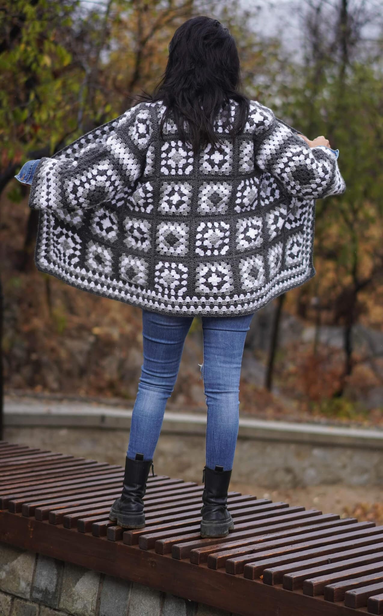 Square Crochet Grey Granny Square Cardigan for Women, Big Granny Square ...