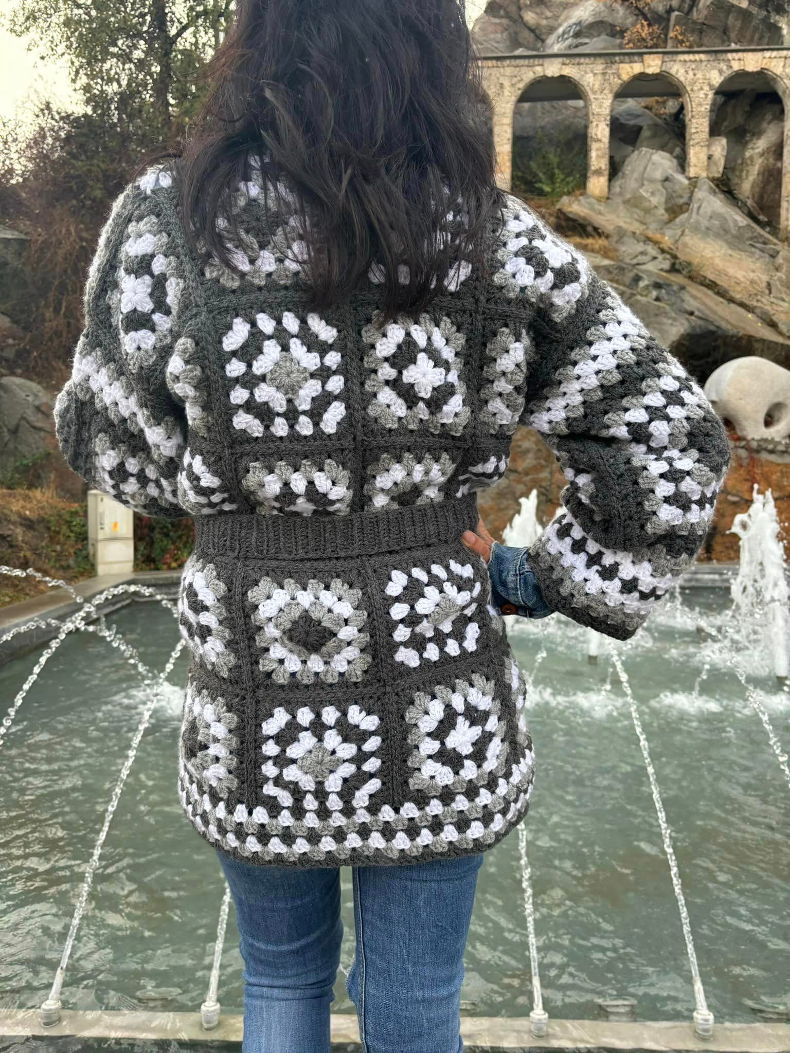 Square Crochet Grey Granny Square Cardigan for Women, Big Granny Square ...
