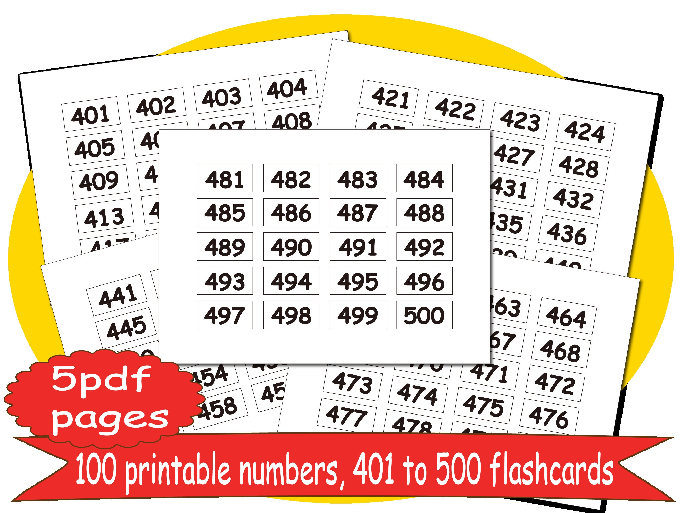Printable Number Cards,401 to 500 Flashcards, 100 Printable Numbers - Etsy