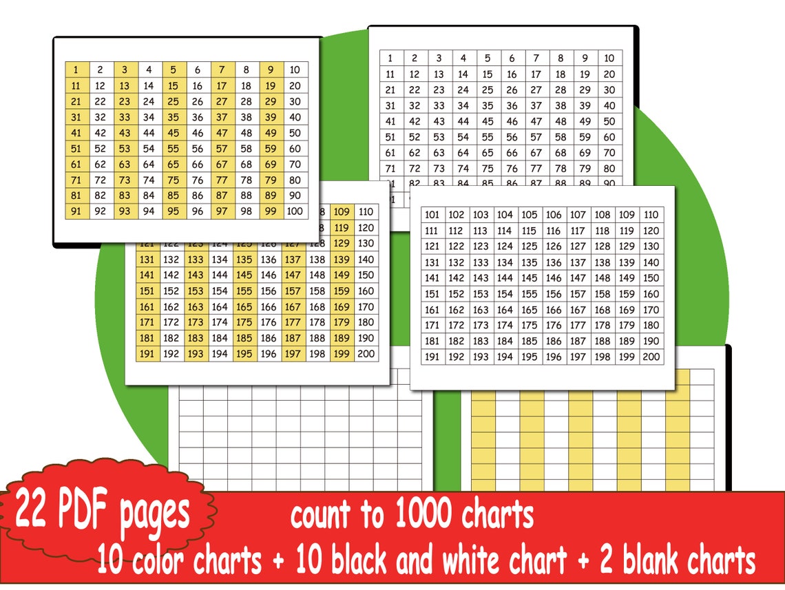 Count to 1000 Charts,10 Printable Number Charts, Numbers 1-1000 Wall ...
