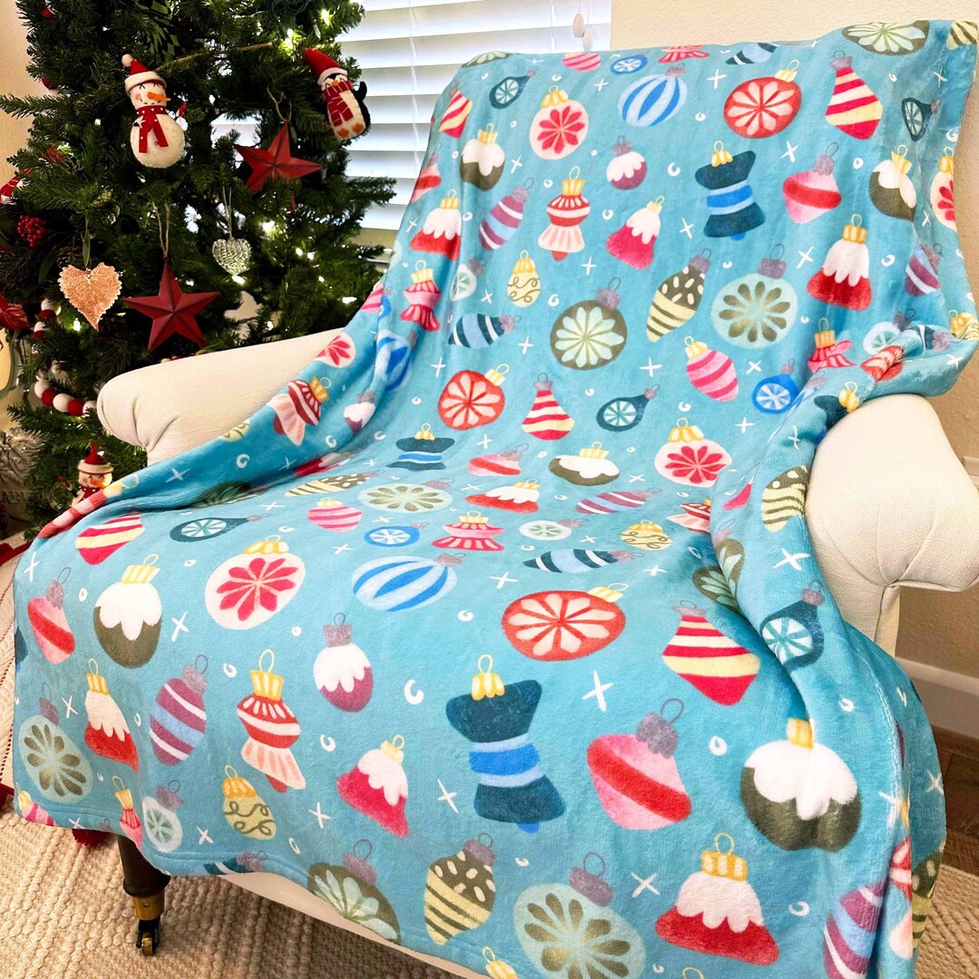 Retro Christmas Ornaments Throw Blanket, Vintage Ornaments, Velveteen ...