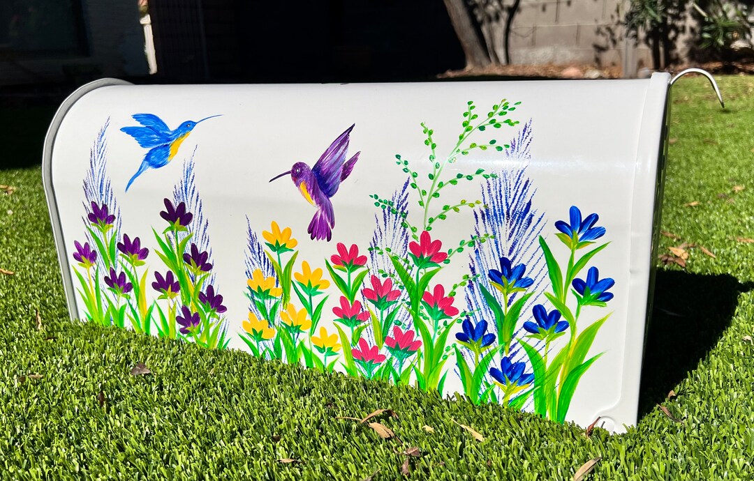 Hand Painted Hummingbird Post Mount White Metal Mailbox, Colorful ...