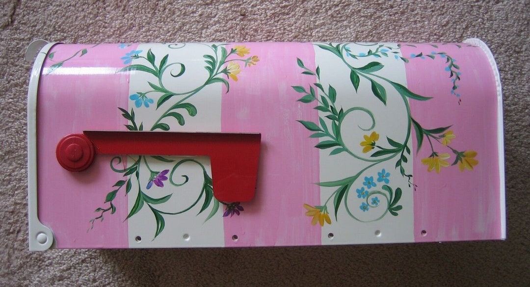 Hand Painted Metal Mailbox - Pink Striped Floral Post Mount Mailbox ...