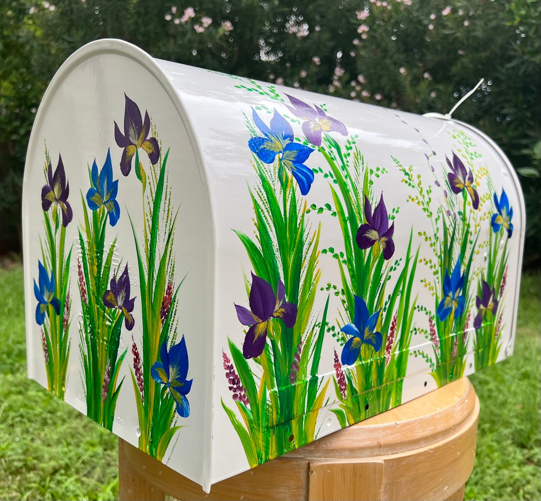 Locking Ex Large Mailbox Custom Painted Purple Iris, White Metal Post ...