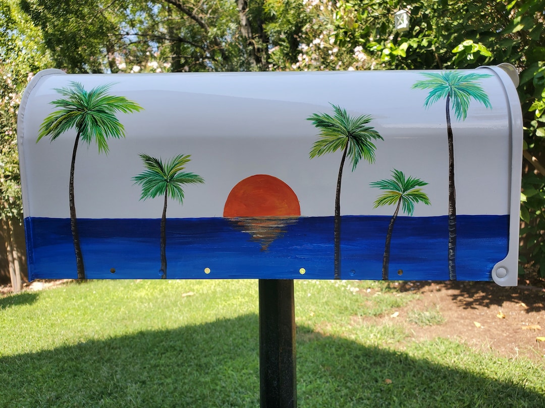 Tropical Blue Ocean Mailbox, Custom Painted, Beach Sunset, Sunrise Palm ...