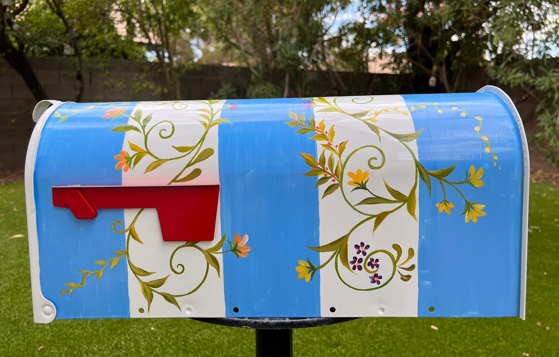 Blue Stripe With Floral Paint Metal Mailbox White Standard - Etsy