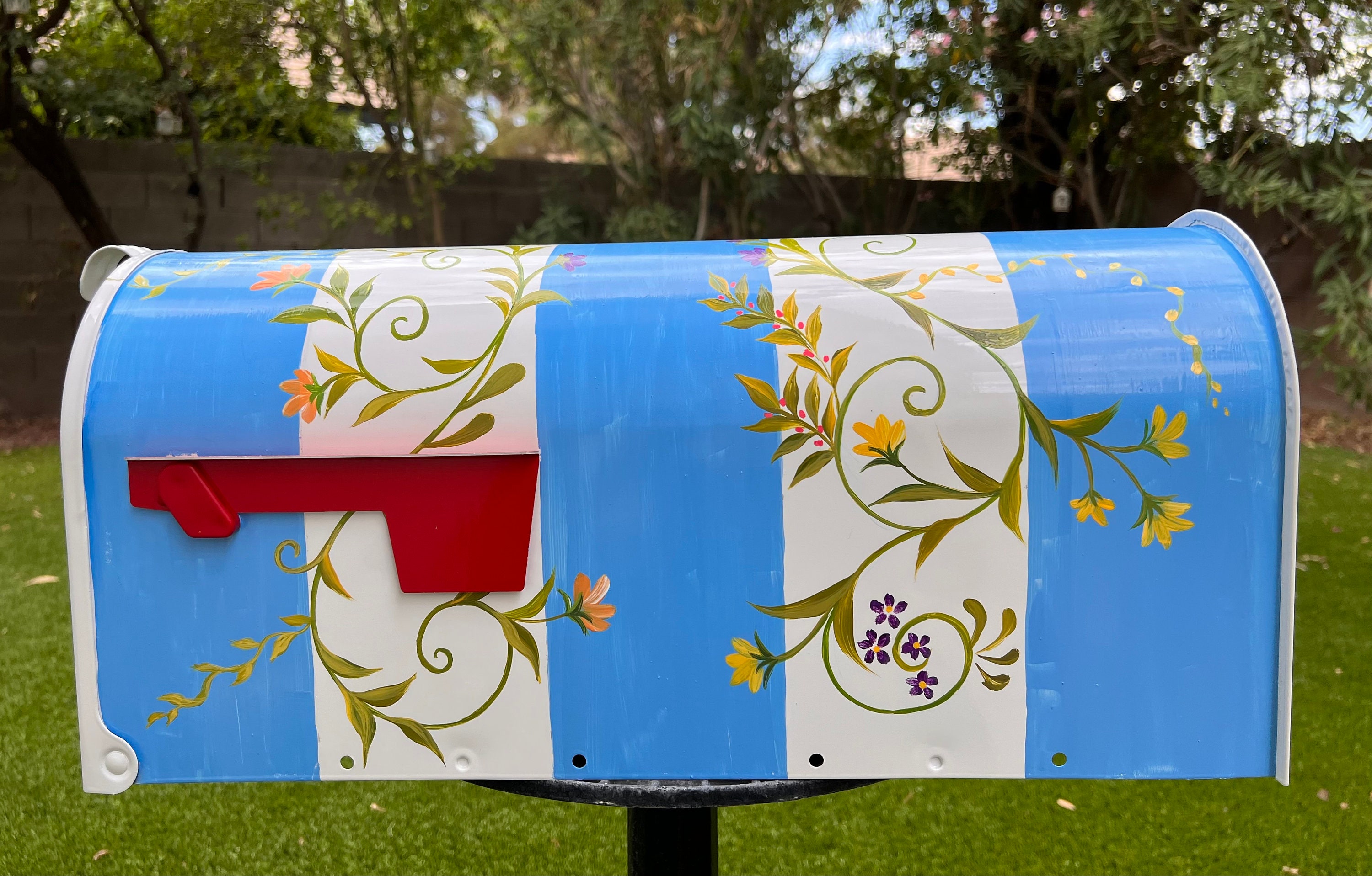 Blue Stripe With Floral Paint Metal Mailbox, White Standard Medium ...