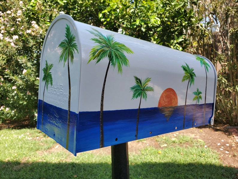 Mailbox Custom Painted, Tropical Blue Ocean Beach Sunset, Sunrise Palm ...