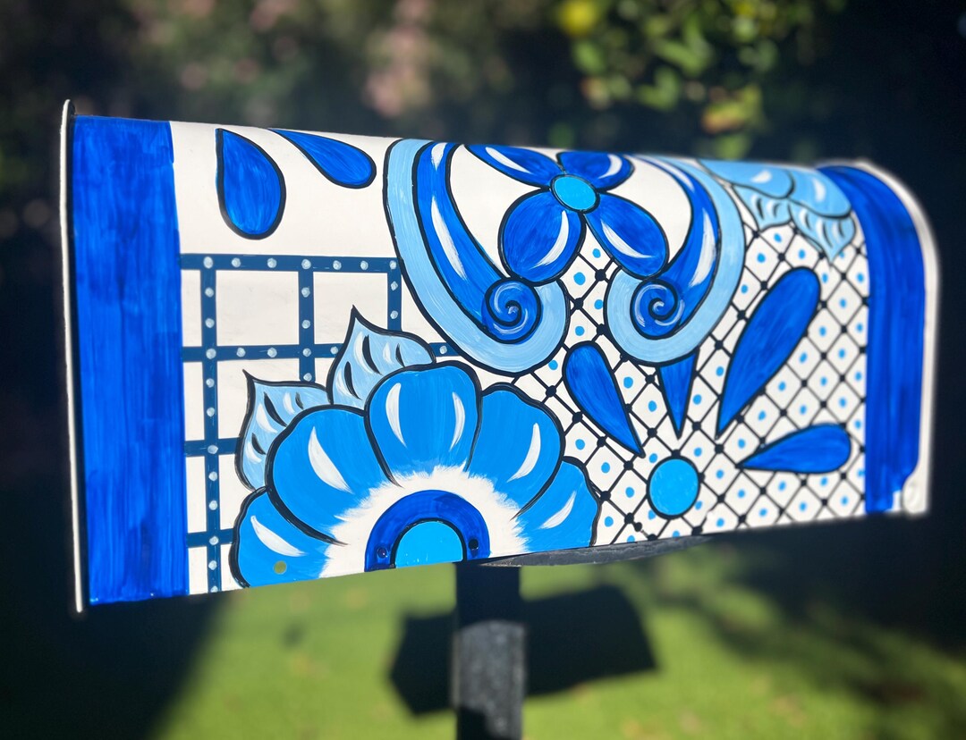 Talavera Mailbox: Metal Post-mount Custom Painted Blue Mexican Style ...