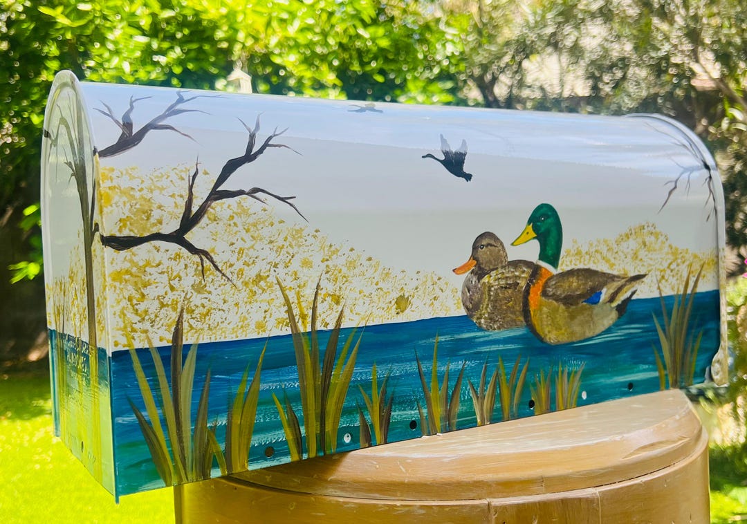 Custom Painted Mallard Duck Mailbox - White Metal, Post Mount Mailbox ...