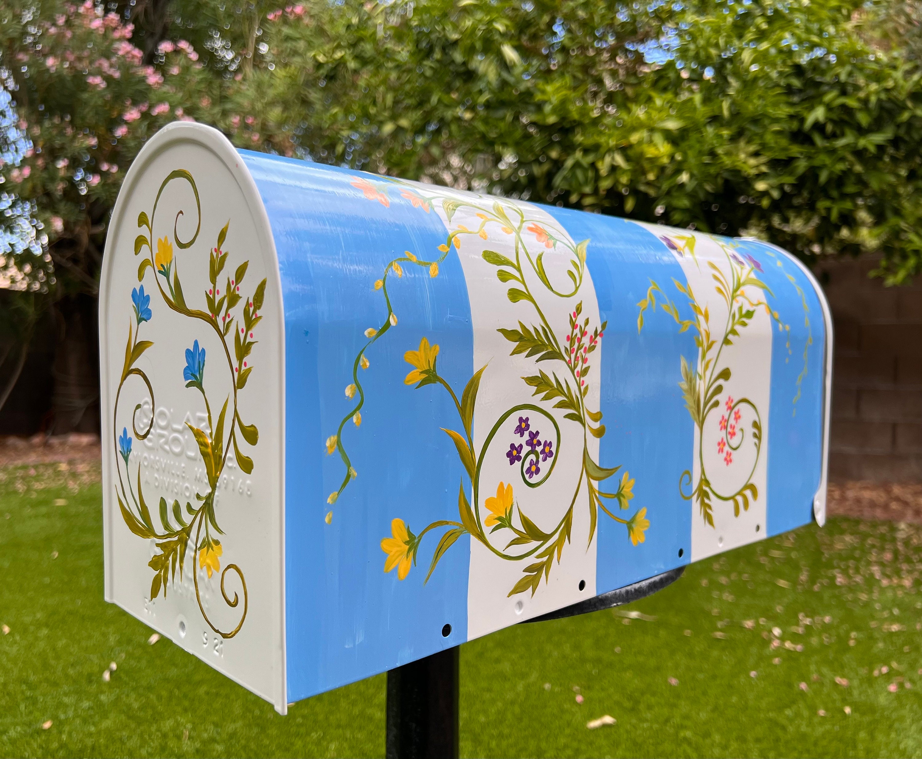Blue Stripe With Floral Paint Metal Mailbox, White Standard Medium ...