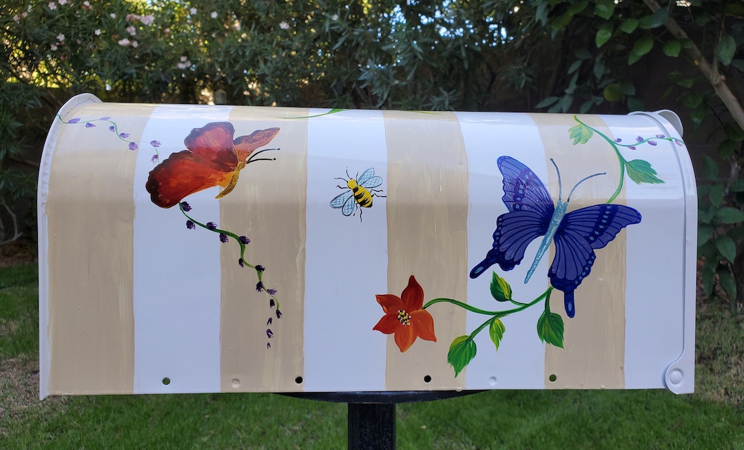 Custom Hand Painted Mailbox,butterfly,flower,bee,beige Stripe,post ...