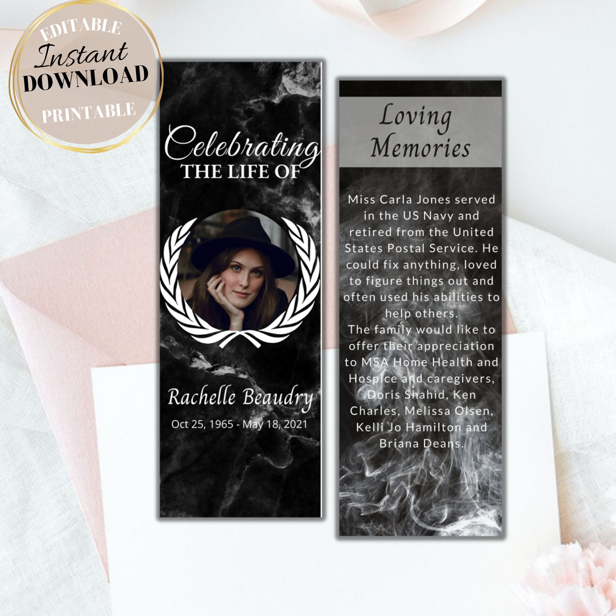 Black Obituary Bookmark Printable Bookmark Funeral Program Template ...