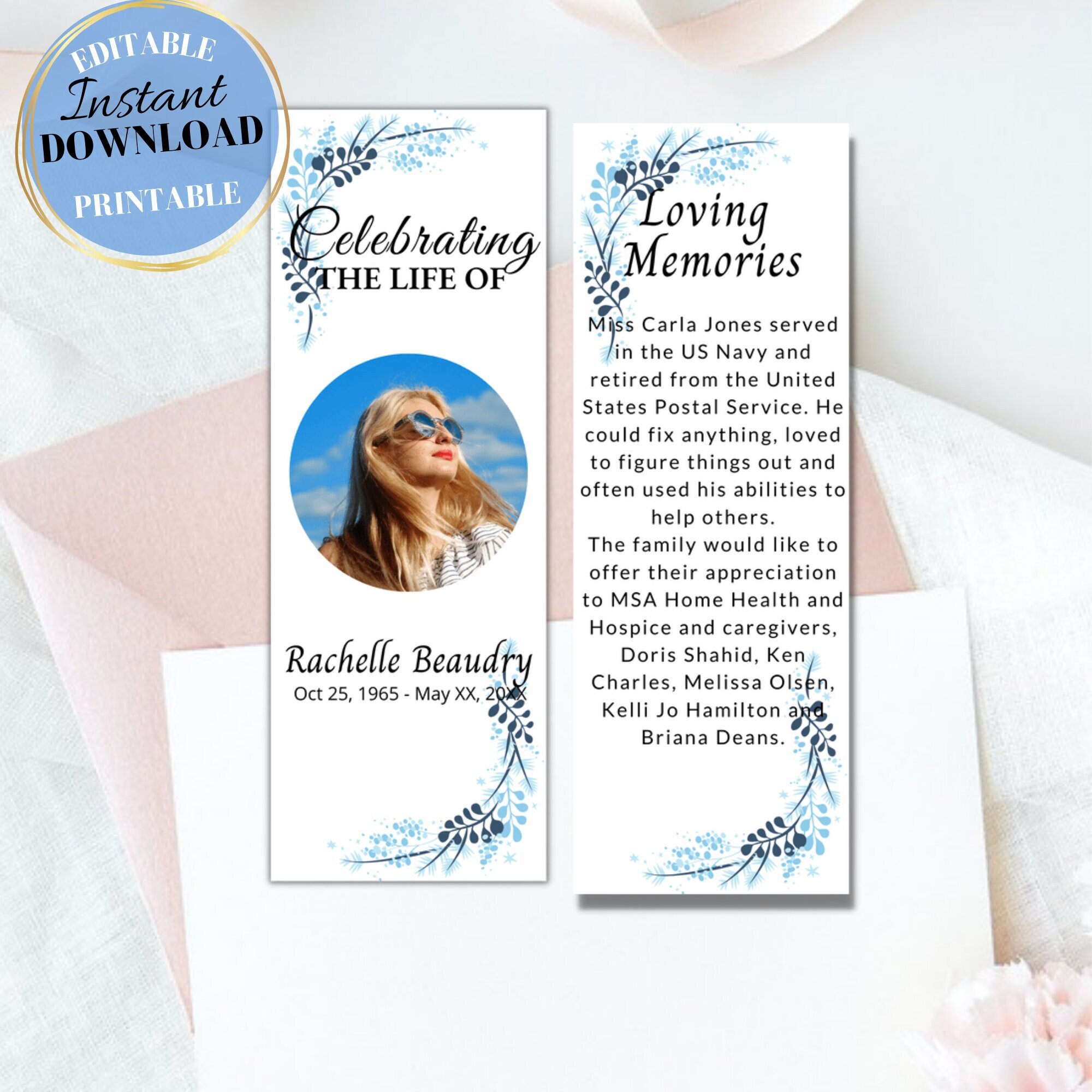 White Obituary Bookmark Printable Bookmark Funeral Program Template ...