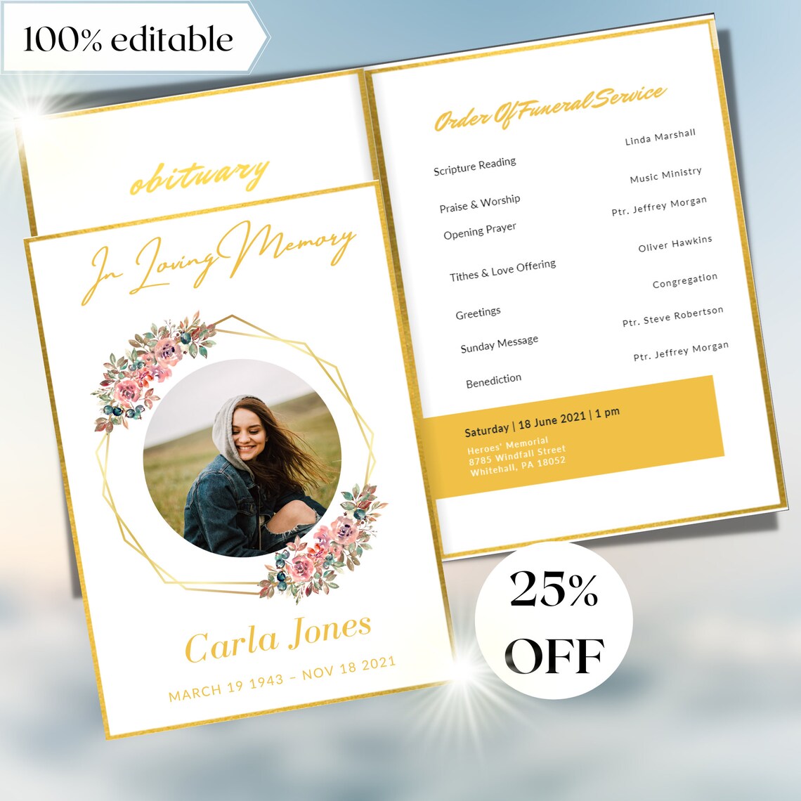 Gold Funeral Program Template 4 Page Funeral Program Funeral - Etsy