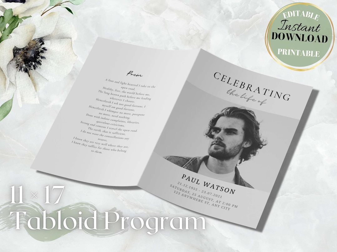 Tabloid Funeral Program Template for Man,8 Page Funeral Template,11x17 ...