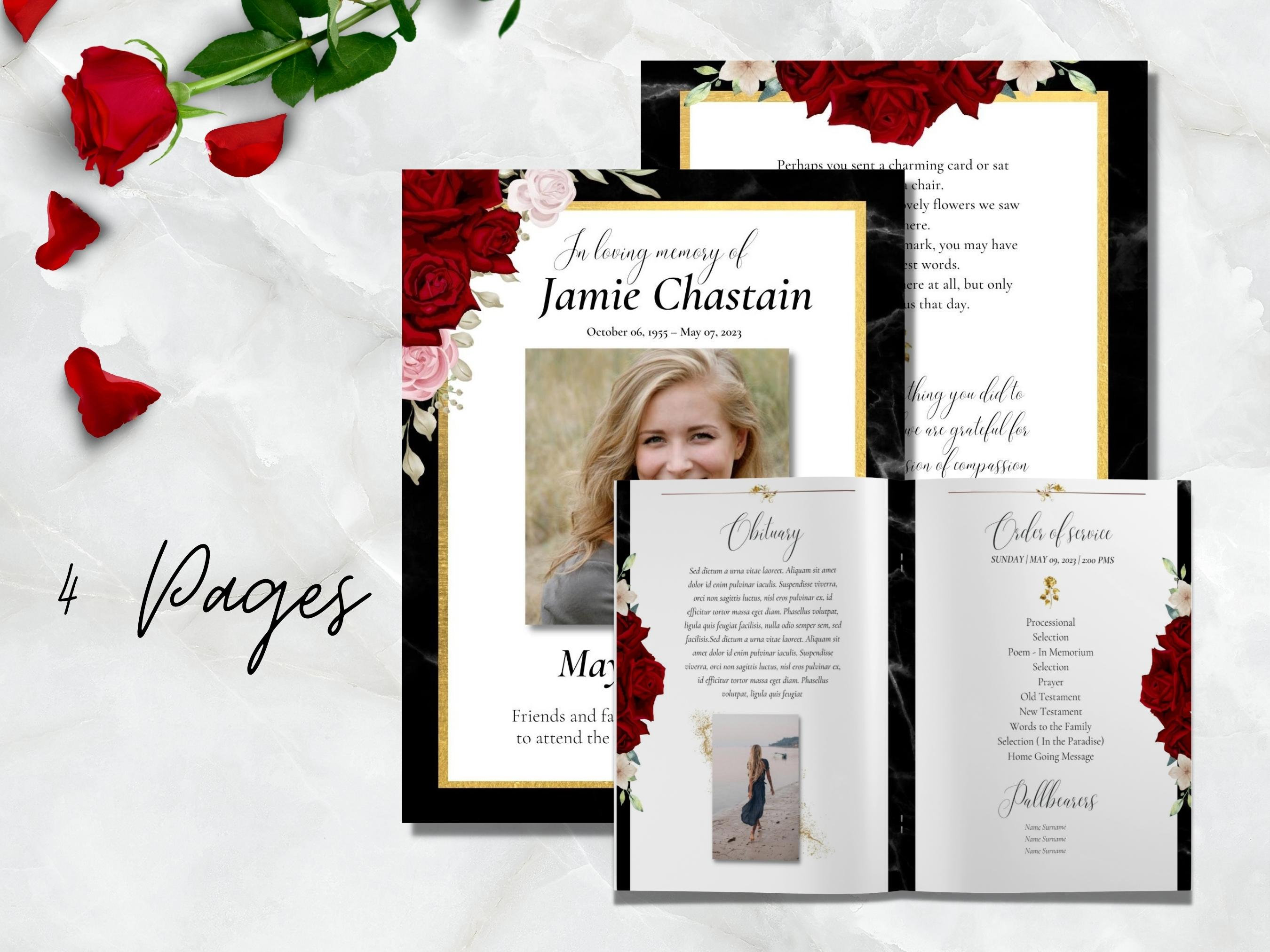4 Page Red Rose Obituary Program Template,8.5x11 Obituary Template ...