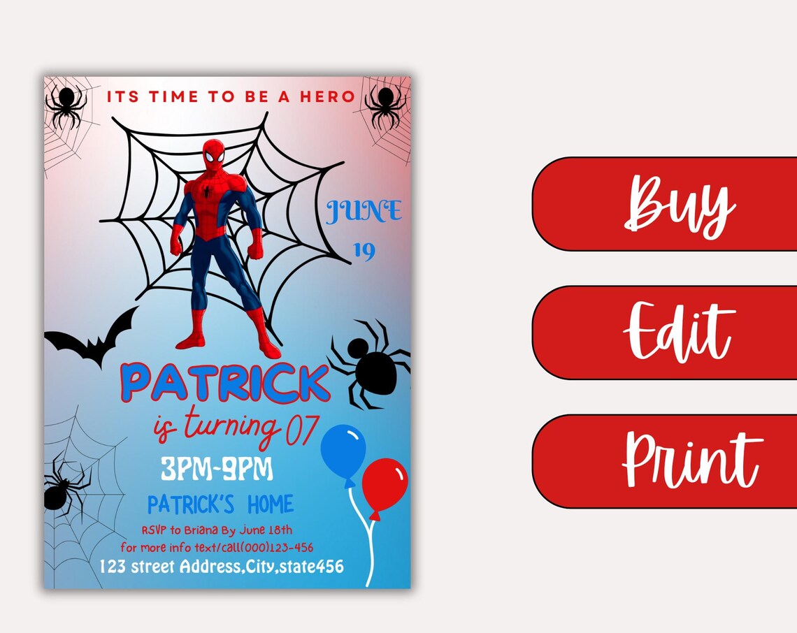 Editable Spider Man Birthday Invitation Template, Printable Birthday ...