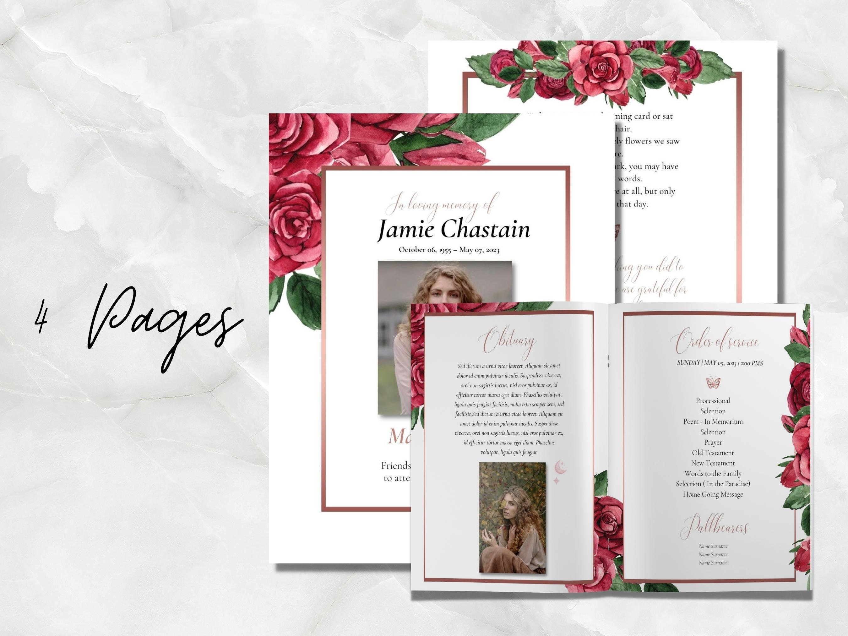 4 Page Red Rose Obituary Program Template,8.5x11 Obituary Template ...