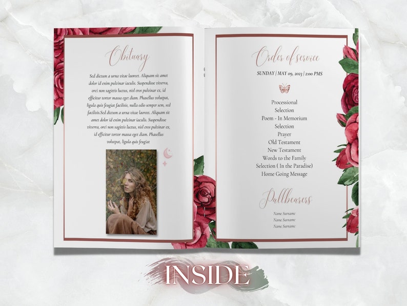 4 Page Red Rose Obituary Program Template,8.5x11 Obituary Template ...