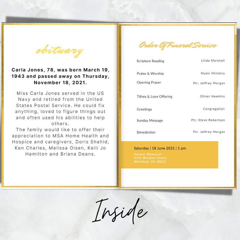 Gold Funeral Program Template 4 Page Funeral Program Funeral - Etsy