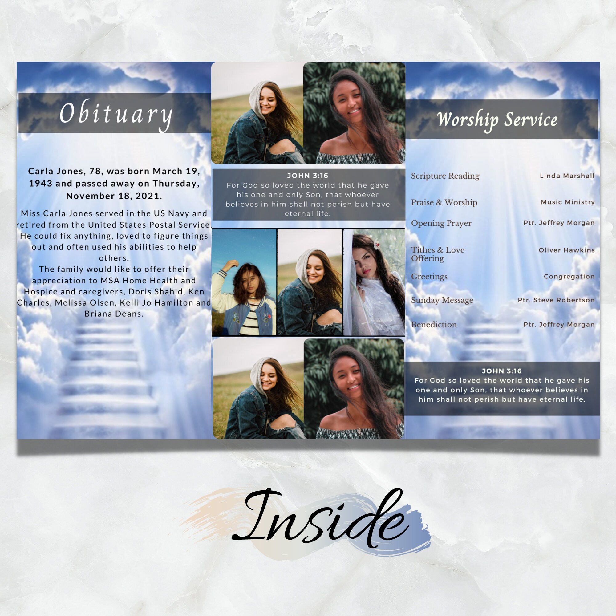 BLUE Tri-fold Funeral Funeral Program Template Tri Fold - Etsy
