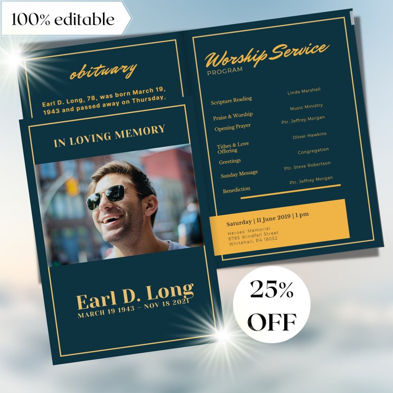 Gold Funeral Program Template 4 Page Funeral Program Funeral - Etsy