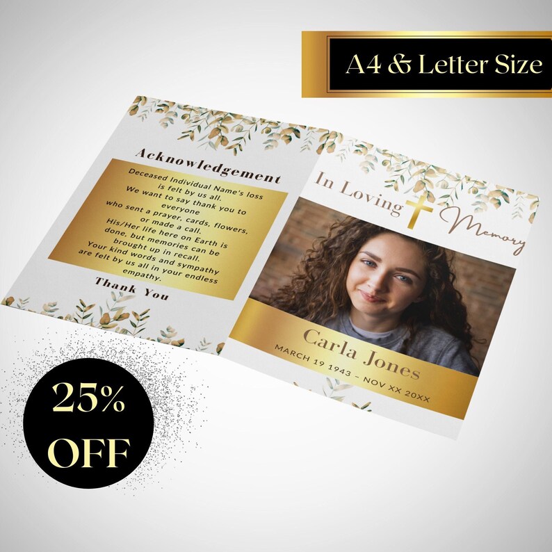 Gold Funeral Program Template, 8 Page Funeral Program Funeral Template ...