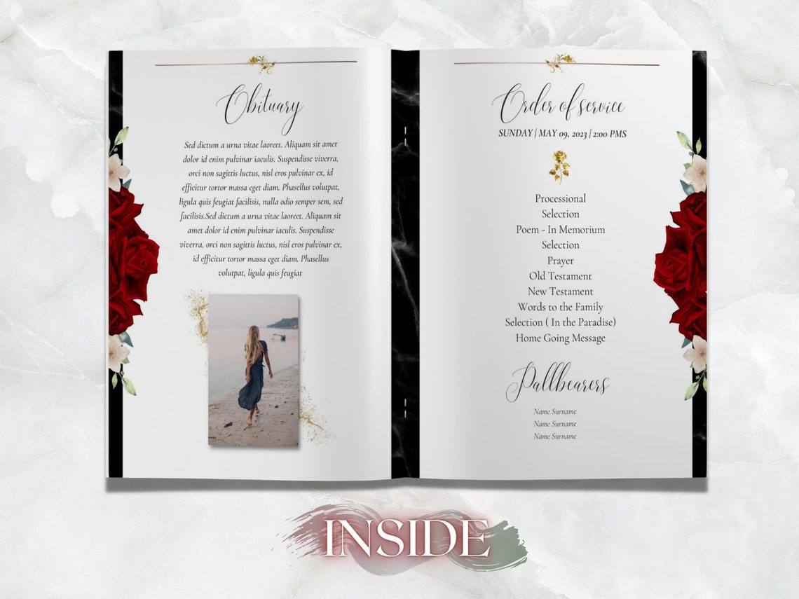4 Page Red Rose Obituary Program Template,8.5x11 Obituary Template ...