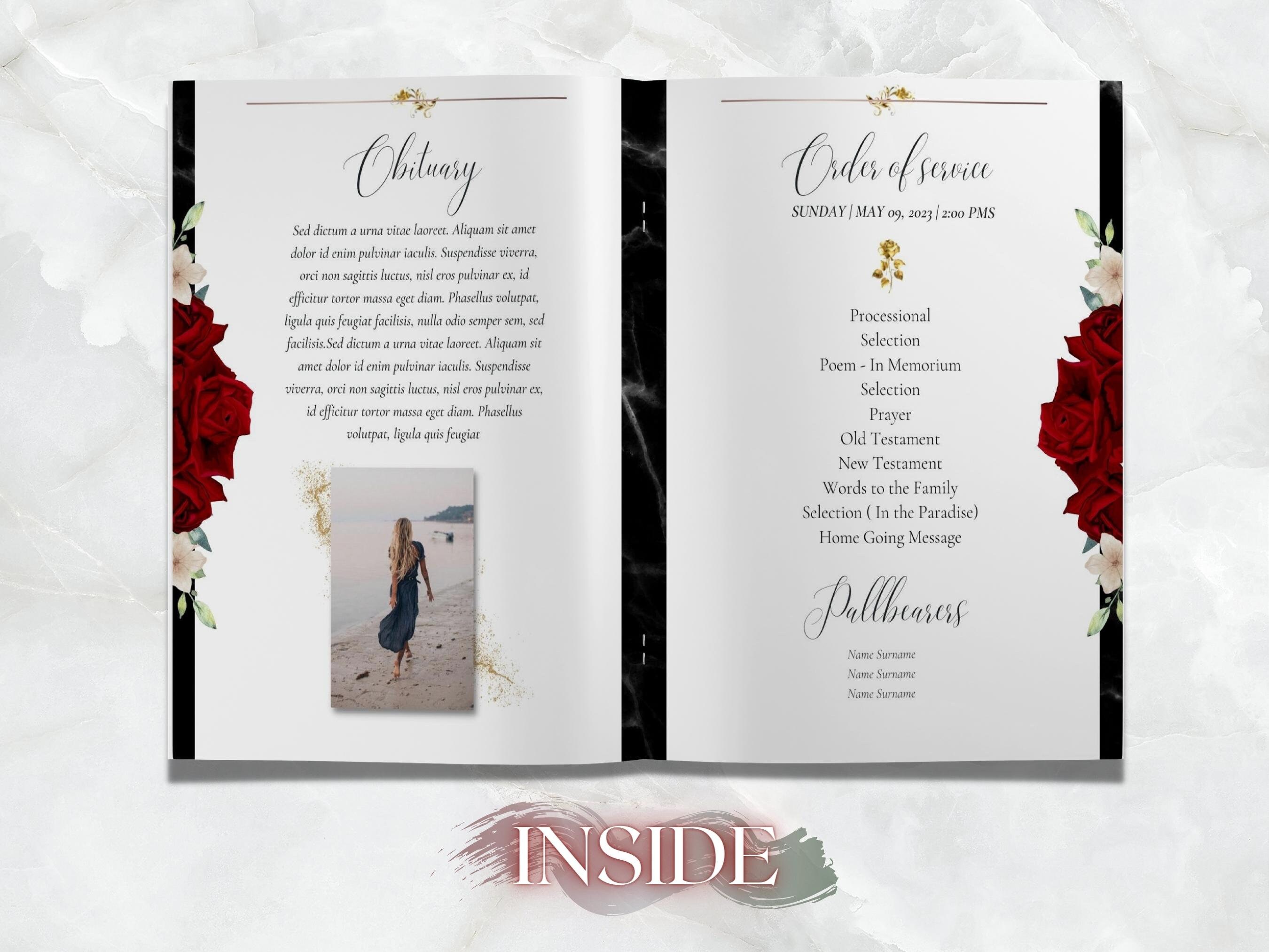 4 Page Red Rose Obituary Program Template,8.5x11 Obituary Template ...