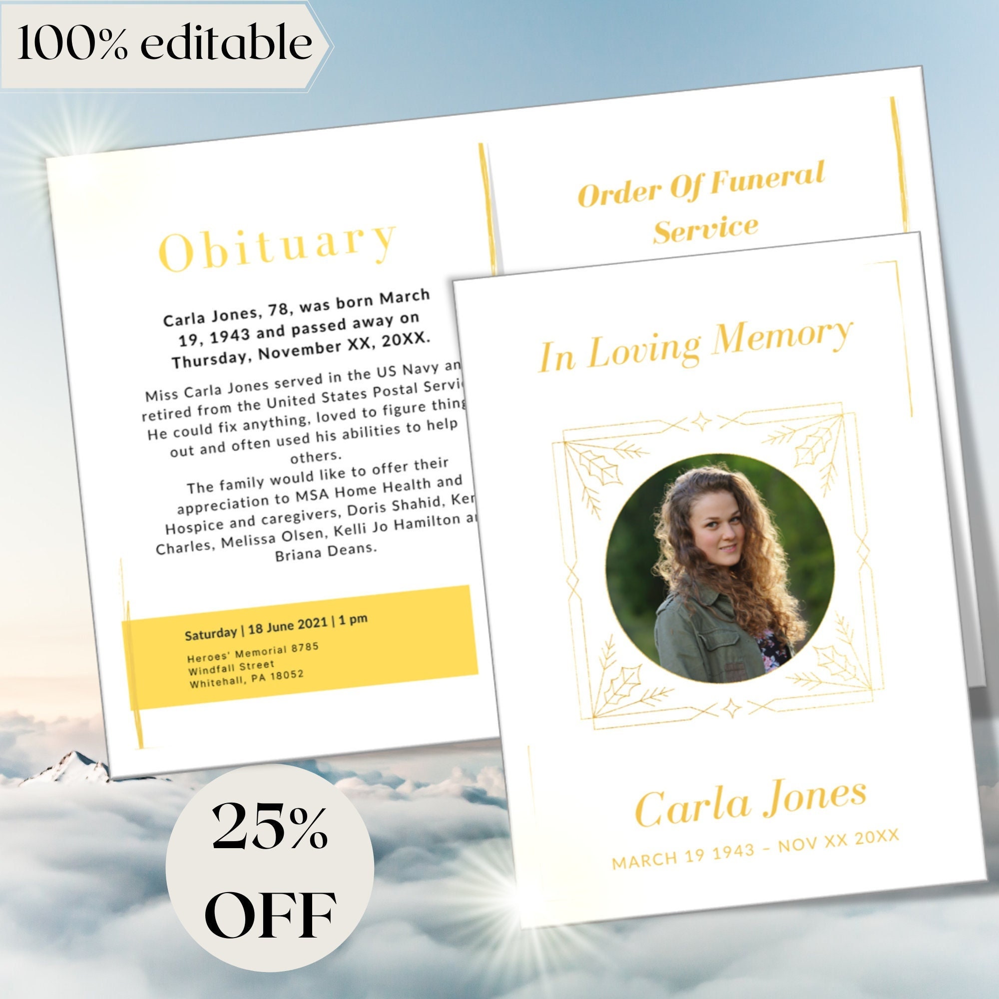 Gold Funeral Program Template 4 Page Funeral Program Funeral - Etsy
