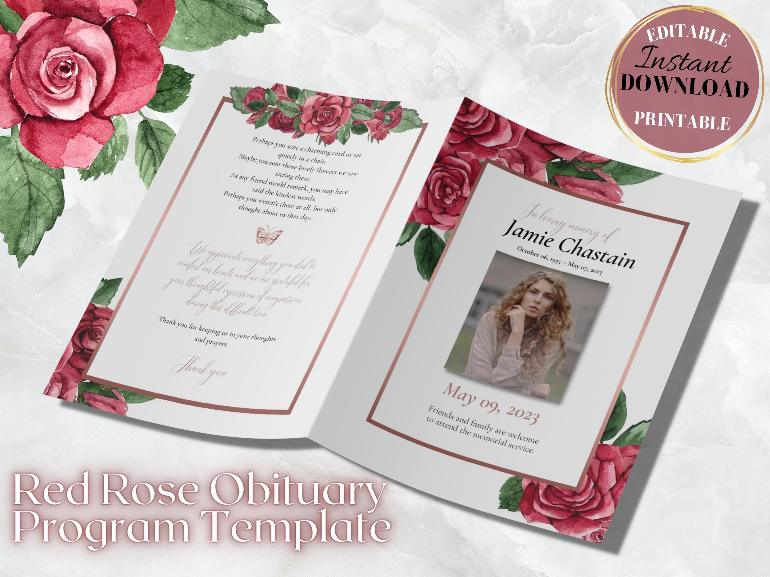 4 Page Red Rose Obituary Program Template,8.5x11 Obituary Template ...