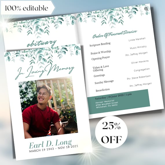 Flower Funeral Program Template 4 Page Funeral Program Funeral - Etsy