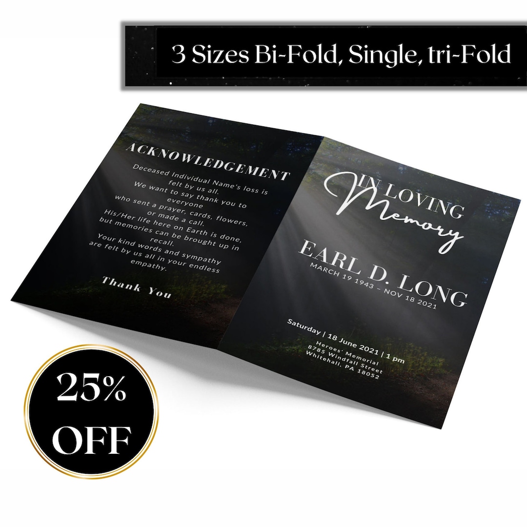 3 Sizes Bifold Trifold Single, Funeral Program Template, 8 Page Funeral ...