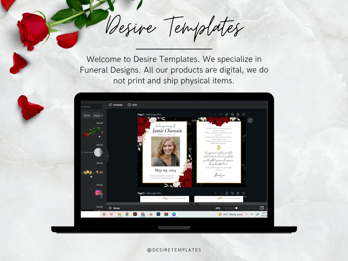 4 Page Red Rose Obituary Program Template,8.5x11 Obituary Template ...