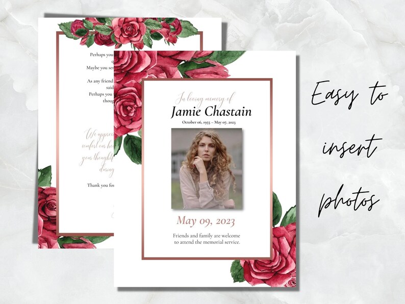 4 Page Red Rose Obituary Program Template,8.5x11 Obituary Template ...