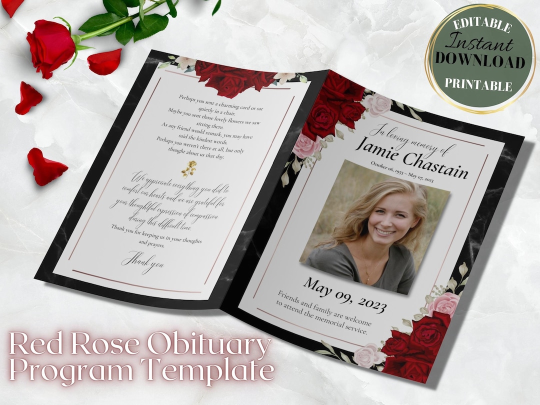 4 Page Red Rose Obituary Program Template,8.5x11 Obituary Template ...