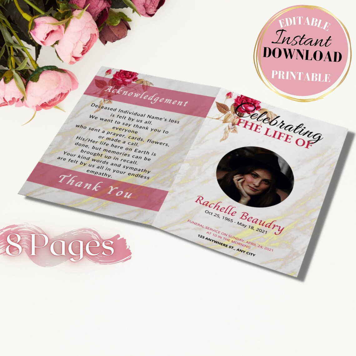 Pink Funeral Program Template, 8 Page Funeral Program Funeral Template ...