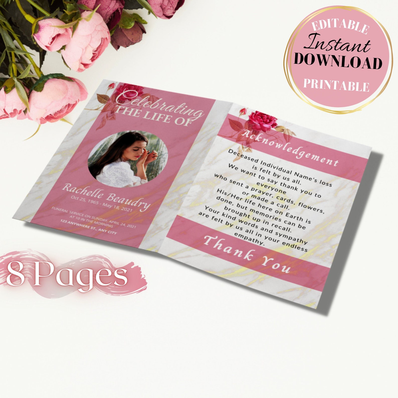 Pink Funeral Program Template 8 Page Funeral Program Funeral - Etsy